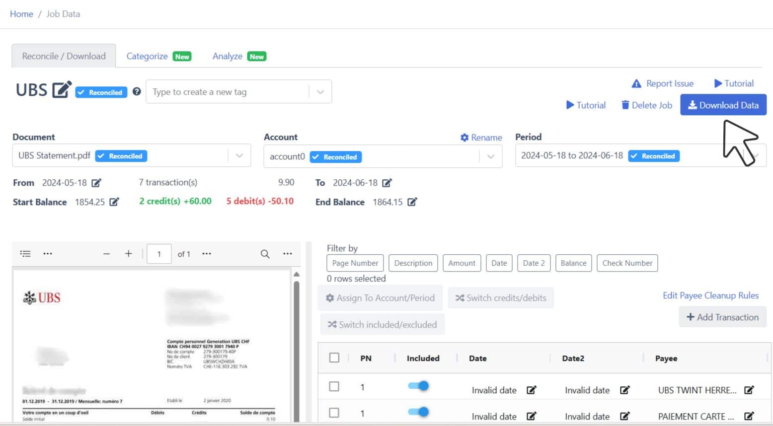 Convert UBS Bank Statement to Excel, CSV, and QBO