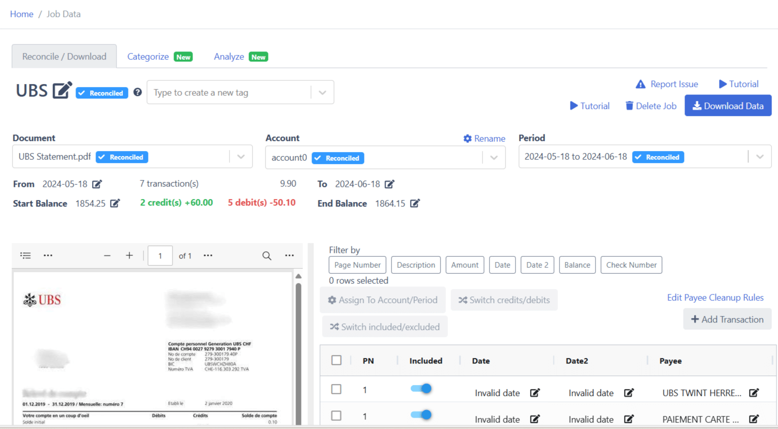 Convert UBS Bank Statement to Excel, CSV, and QBO