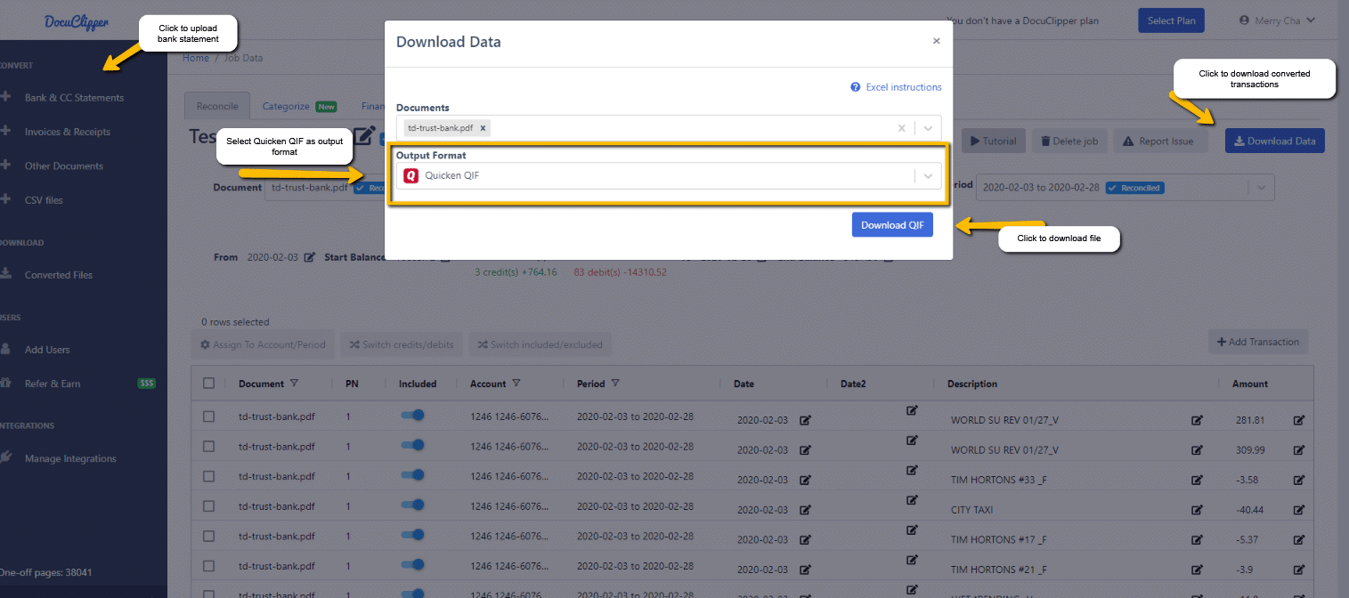 Import Bank Statement Transactions Into Quicken (QIF) - DocuClipper